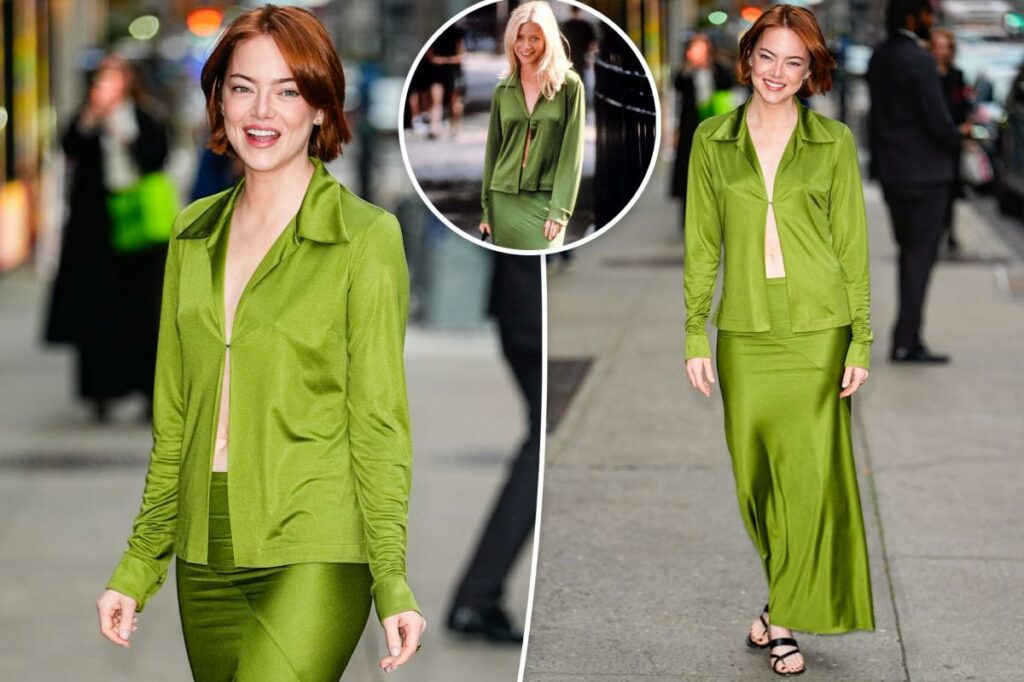 Emma Stone aparece com o icônico visual verde 'Great Expectations' de ...